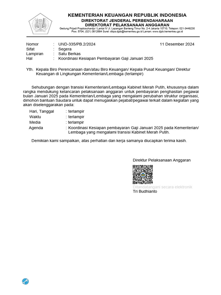 Und 335 PB2 2024 hal Koordinasi Kesiapan Pembayaran Gaji Januari 2025 | PDF
