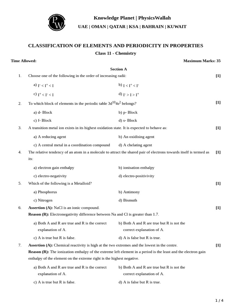 Classification of Elements and periodicity in properties (2) | PDF ...