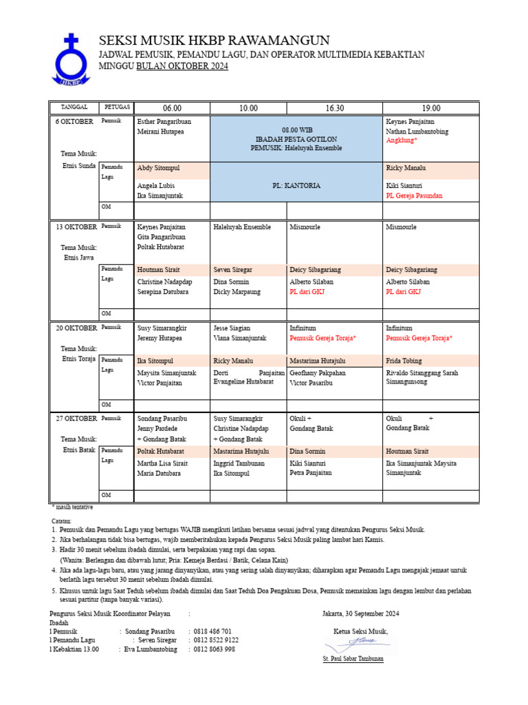 Jadwal Musik HKBP Rawamangun Oktober 2024 | PDF