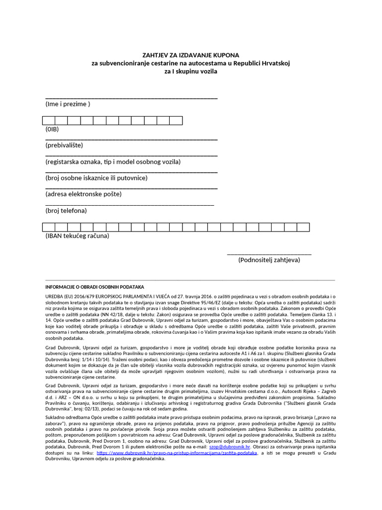 Zahtjev Za Izdavanje Kupona Za Subvencioniranje Cestarine | PDF