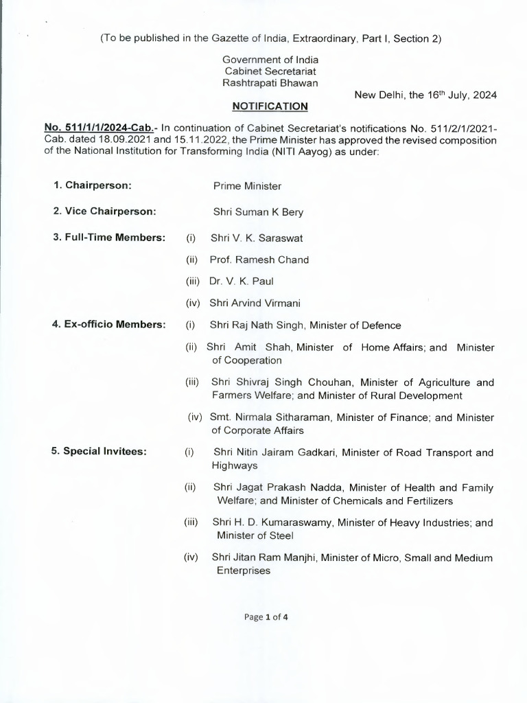 Revised Composition of The National Institution For Transforming India (NITI Aayog) - 0 | PDF ...