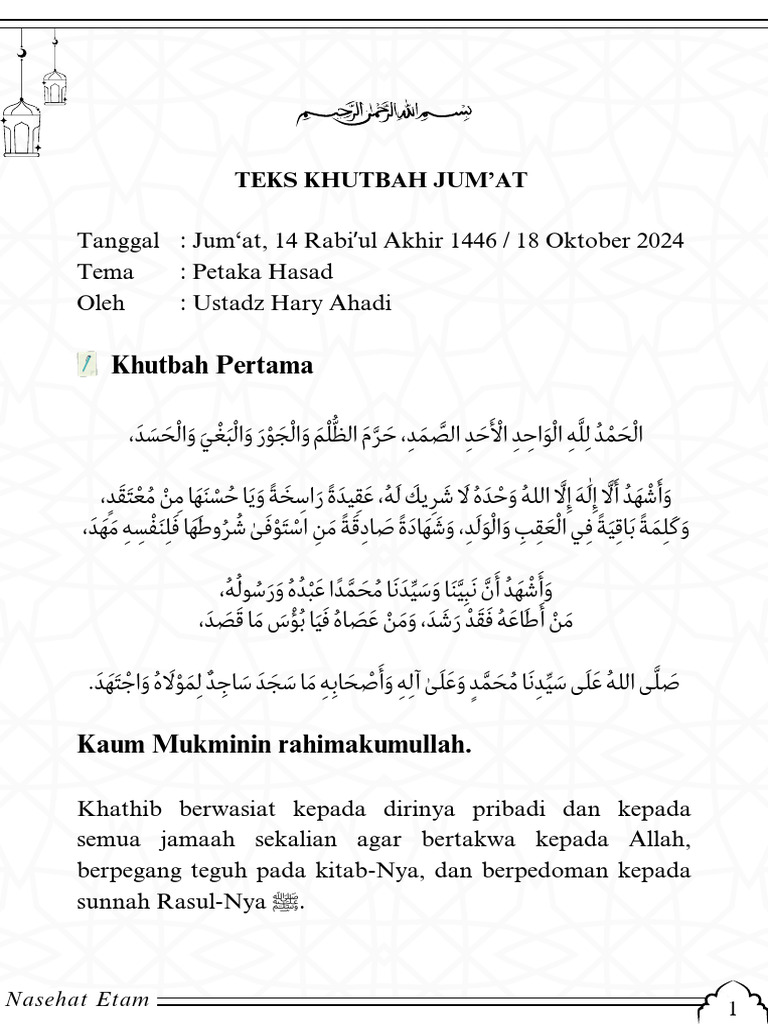 Contoh Khutbah Jumat - Petaka Hasad-2 | PDF