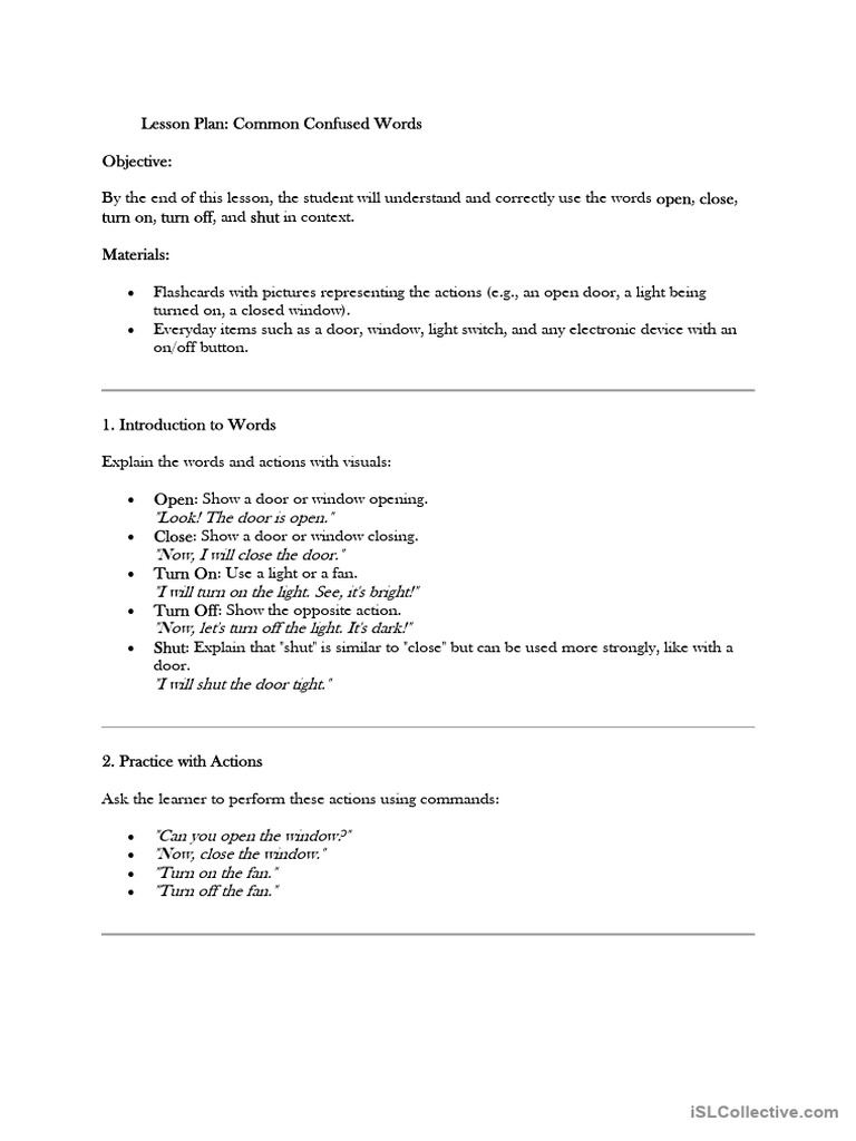 Confused Words - Open - Turn On - Close - Turn Off - Shut | PDF ...