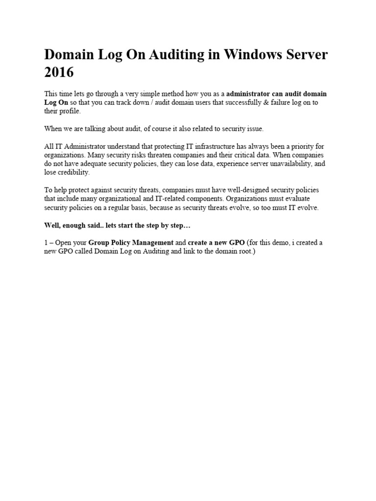 Domain Log On Auditing in Windows Server 2016 | PDF