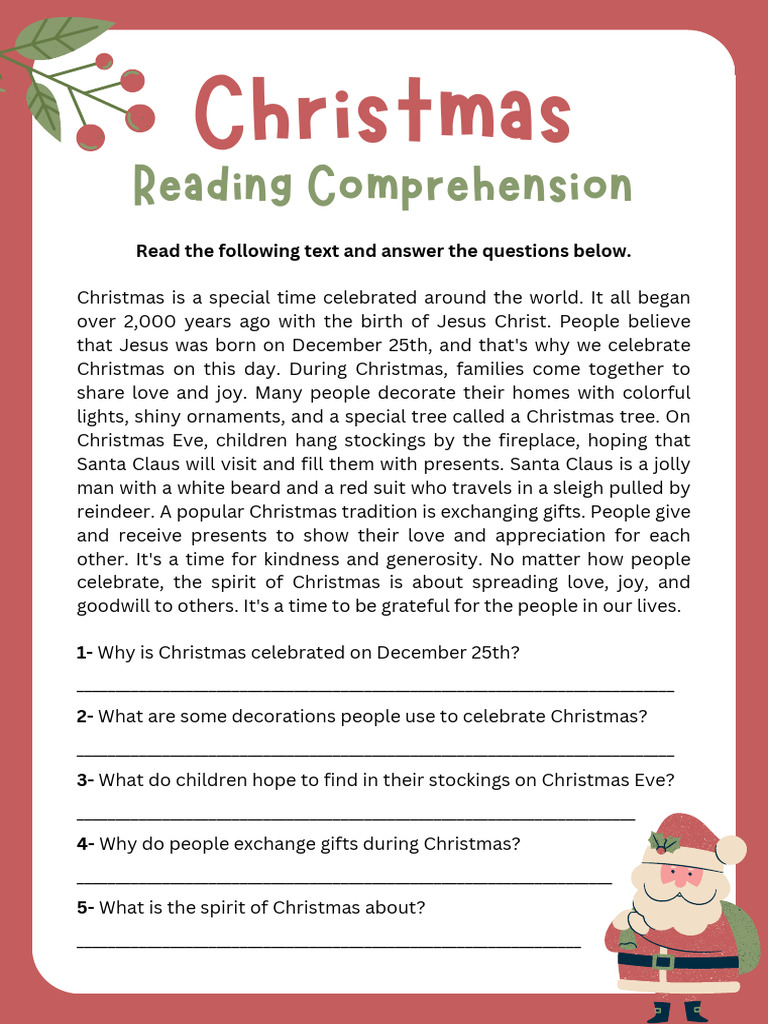 Christmas Reading Comprehension Worksheet in Red White Festive Style | PDF