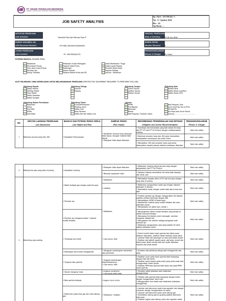 JSA Demolish Pipe Dan Reroute Pipe 6 Inch | PDF