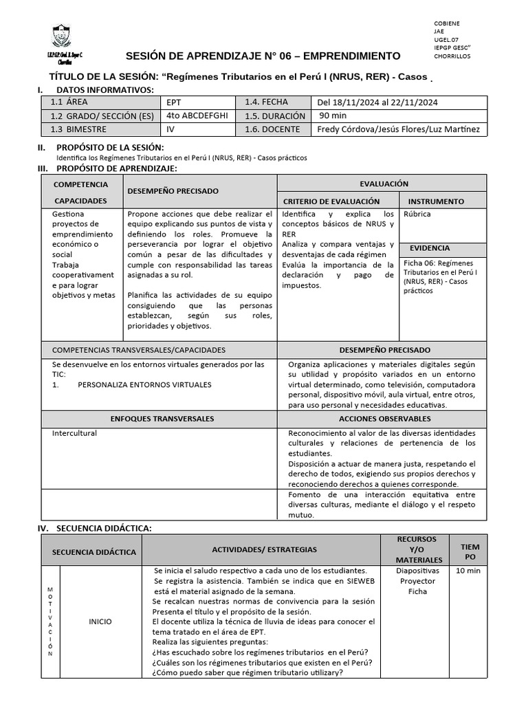 SESIÓN DE APRENDIZAJE 06 EMP 4to Grado | PDF | Evaluación | Aprendizaje