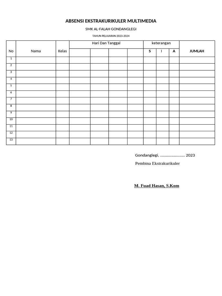Absensi Ekstrakurikuler Multimedia | PDF