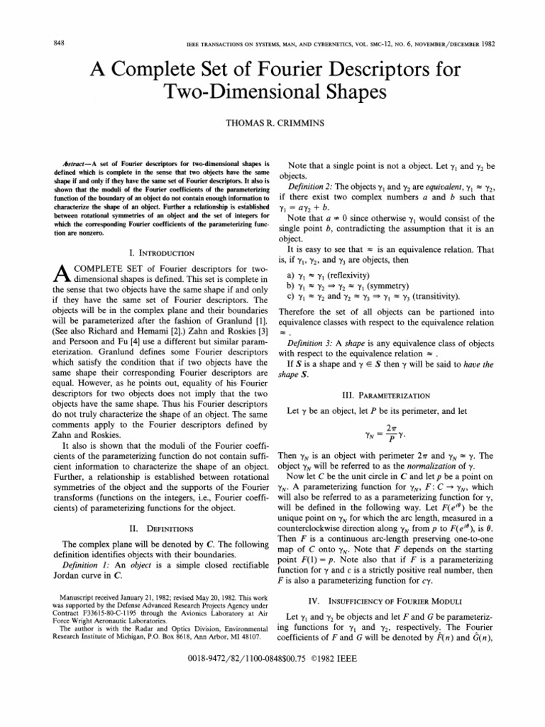 A Complete Set of Fourier Descriptors For Two-Dimensional Shapes | PDF | Fourier Transform ...