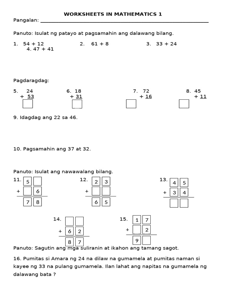 Worksheet in Math 1 | PDF