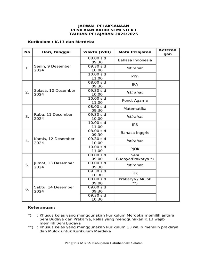 JADWAL UJIAN SEMESTER 1 2024_2025 | PDF