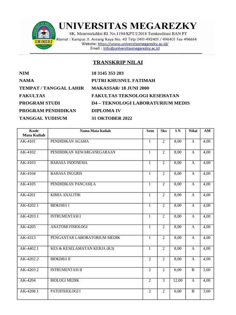 TRANSKRIP NILAI PUTRI | PDF