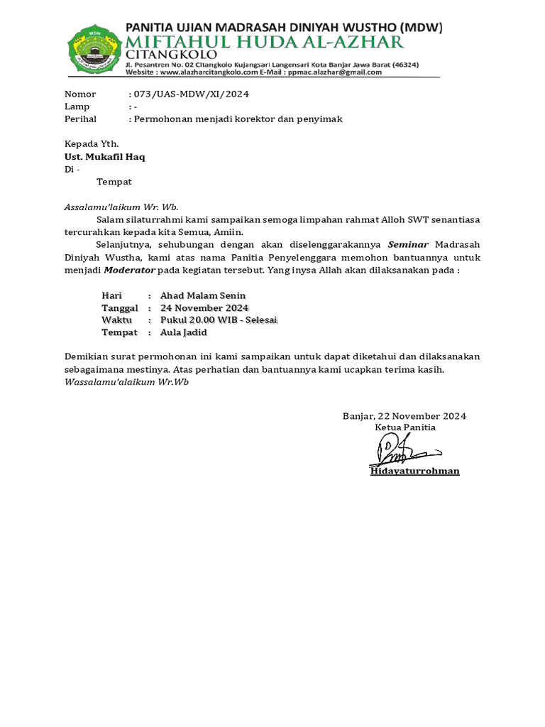 Surat Permohonan Moderator Kelas Ps (Kafi) | PDF