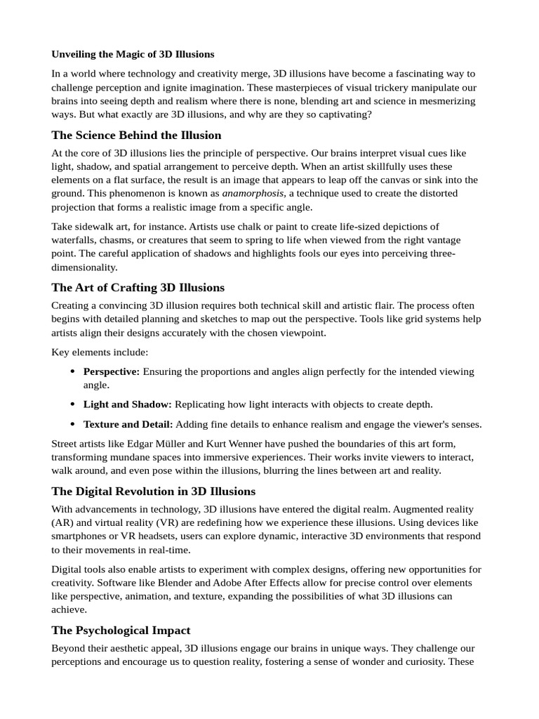 Exploring the World of 3D Illusions | PDF | Illusion | Augmented Reality