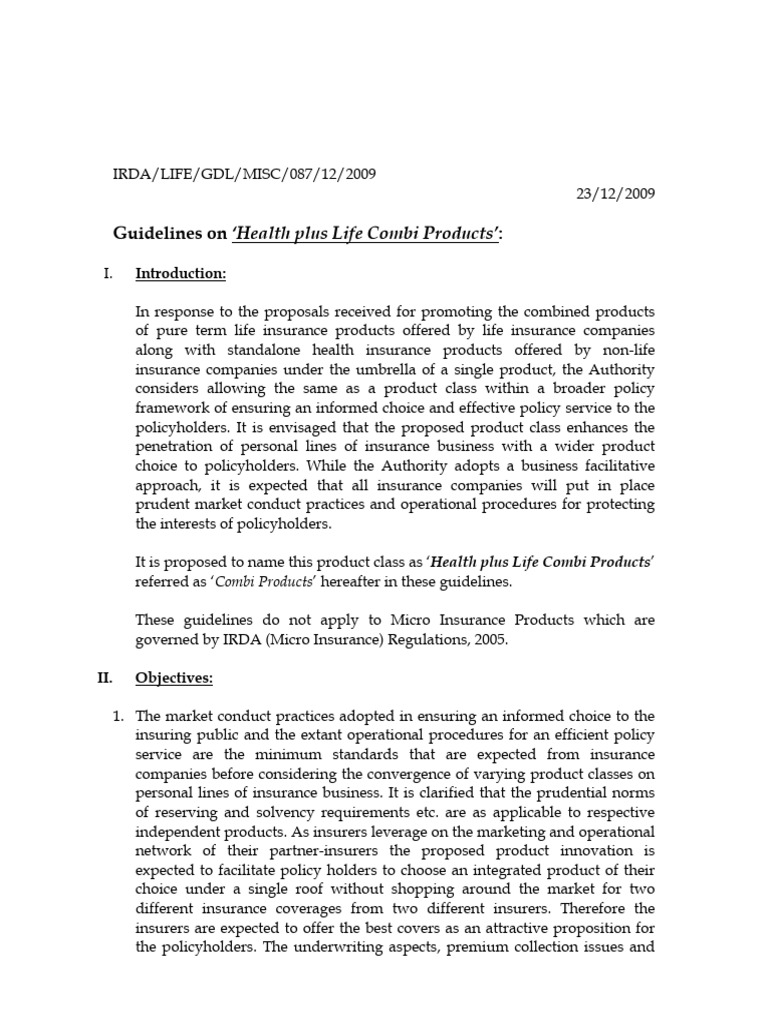 Guidelines On Health Plus Life Combi Products | PDF | Insurance | Life ...