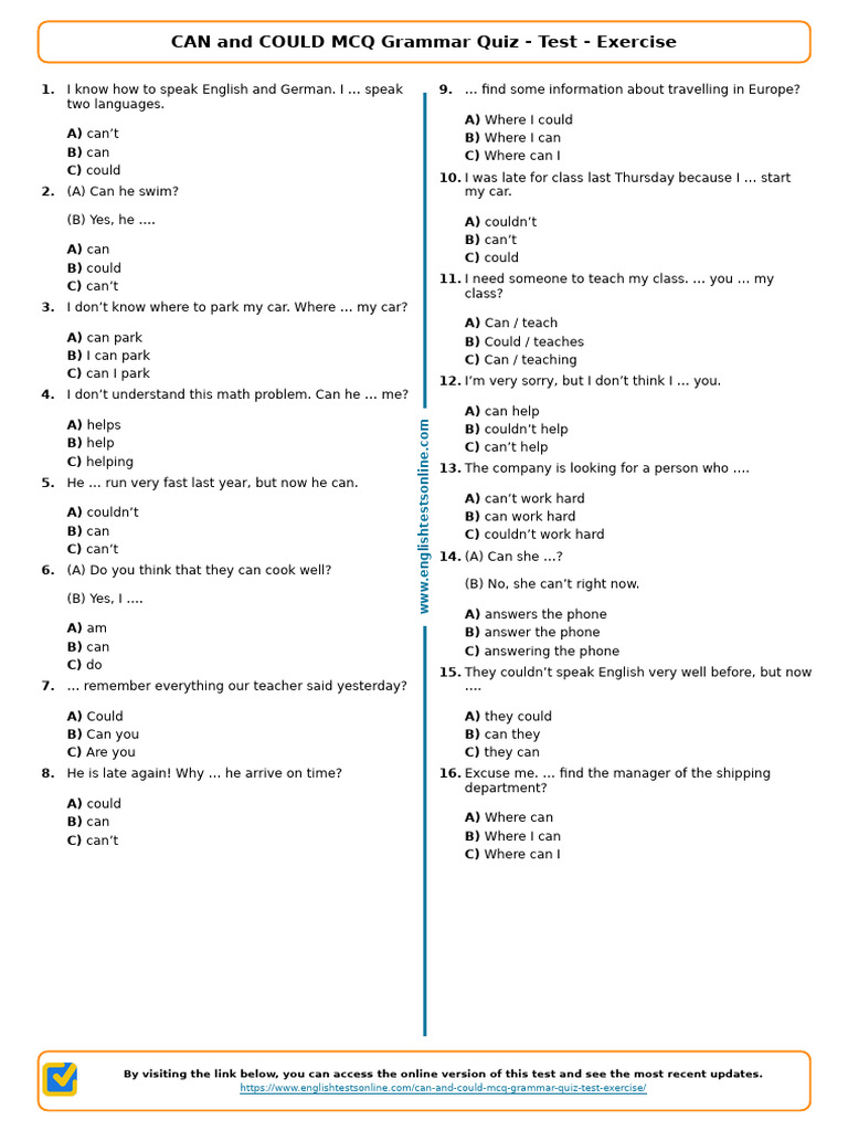 730 - Can and Could MCQ Grammar Quiz Test Exercise | PDF