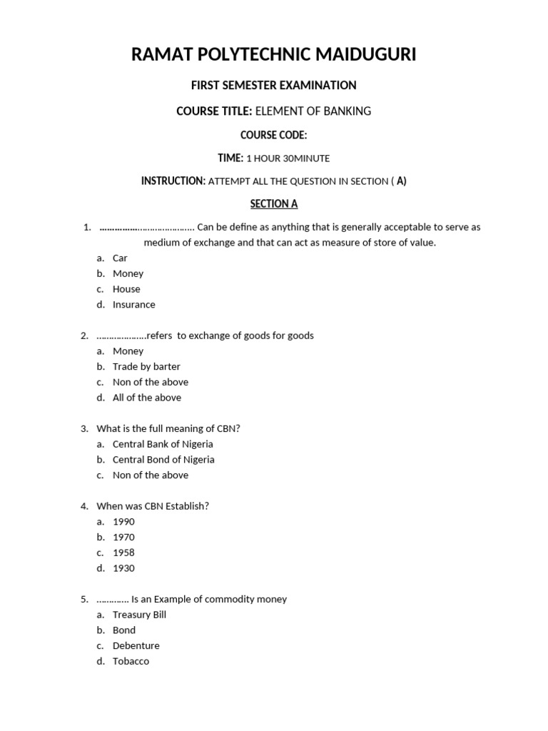 Ramat Polytechnic Maiduguri Exam Question | PDF | Money | Banks