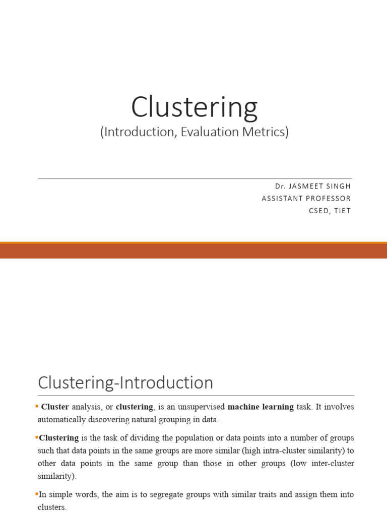 Clustering Introduction Evaluation Metrics Pdf Cluster Analysis