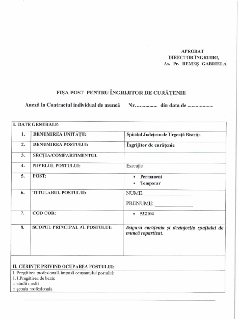 Fisa Post Ingrijitor de Curatenie | PDF