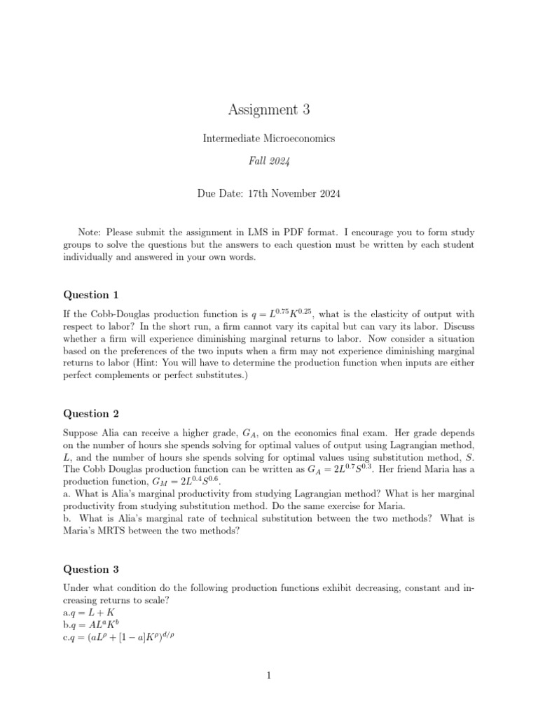 Assignment 3 - Econ201 - Fa24 | PDF | Production Function | Elasticity (Economics)