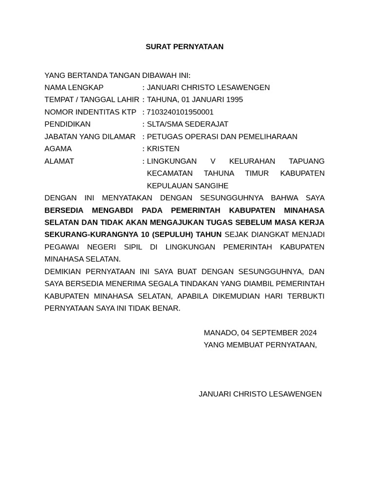 SURAT PERNYATAAN BERSEDIA MENGABDI janu | PDF