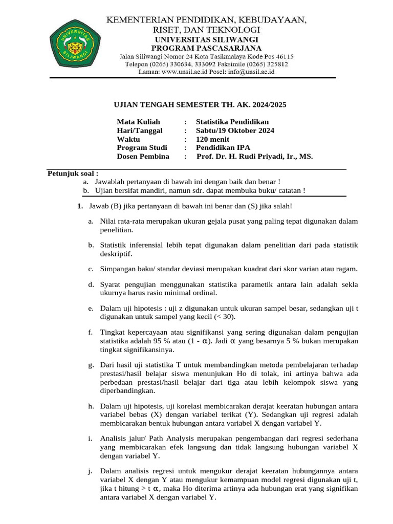 SOAL UAS STATISTIKA PEND. IPA 2024 | PDF