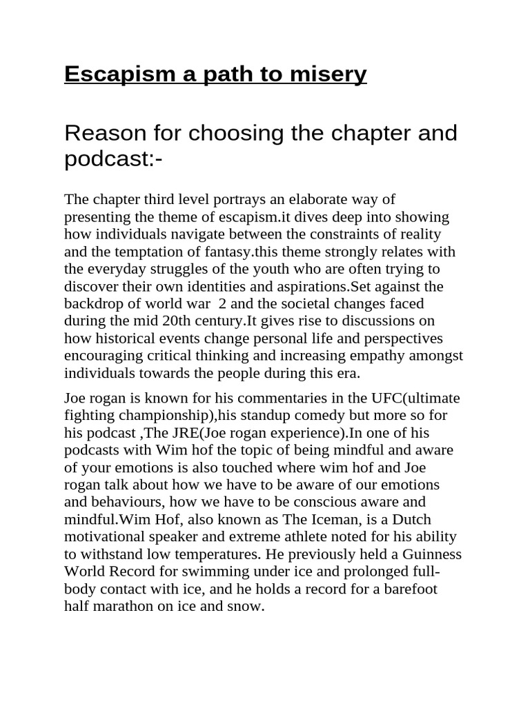 Escapism a path to misery | PDF | Mental Health | Psychology