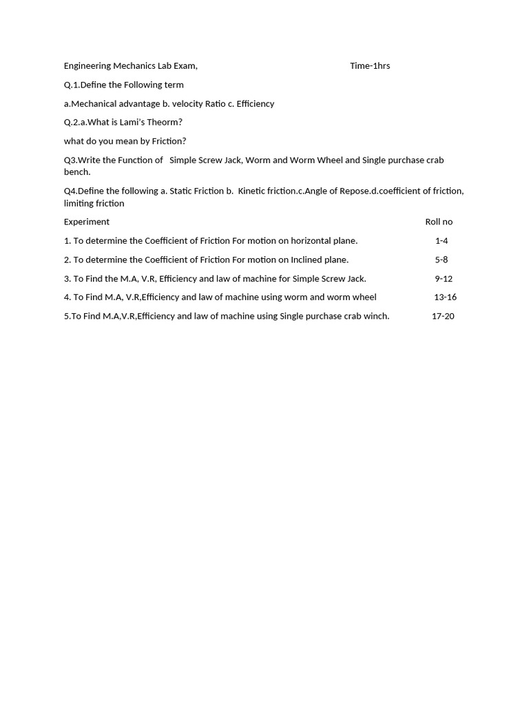 Engineering Mechanics Lab Exam1 | PDF