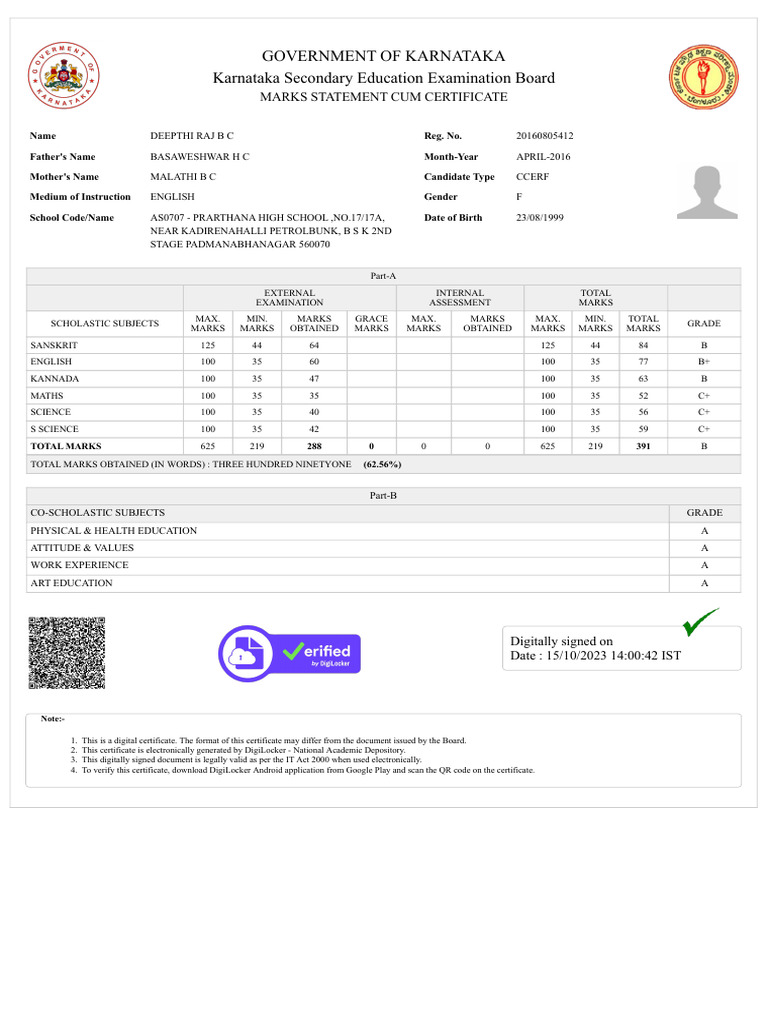 Marks card 10th | PDF