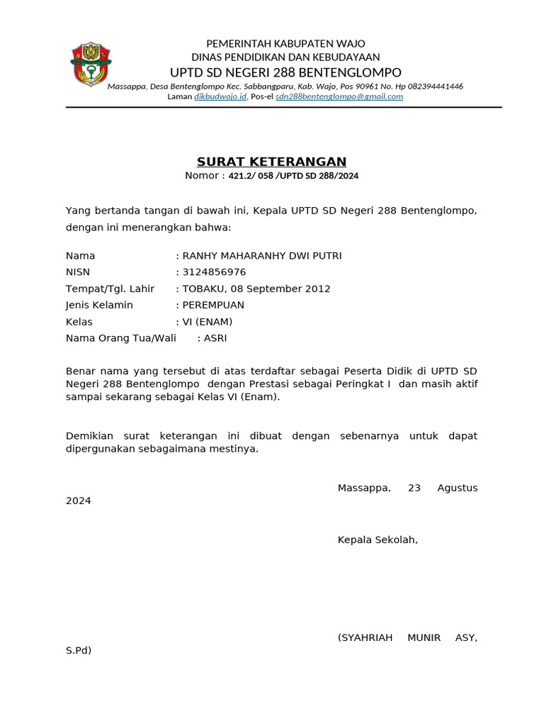 Surat Keterangan Aktif Sekolah | PDF