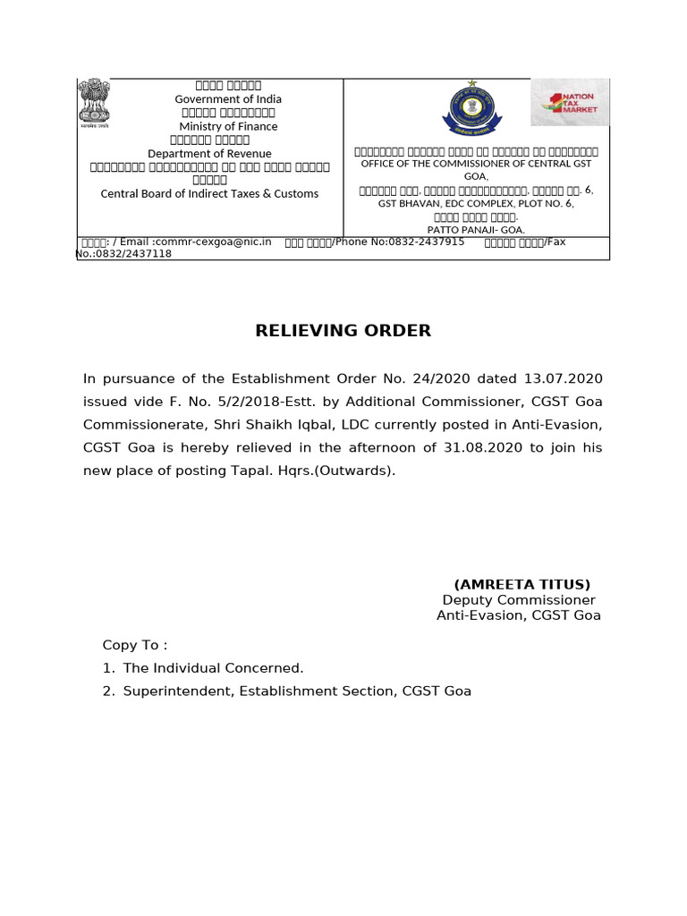 Relieving Order Iqbal | PDF