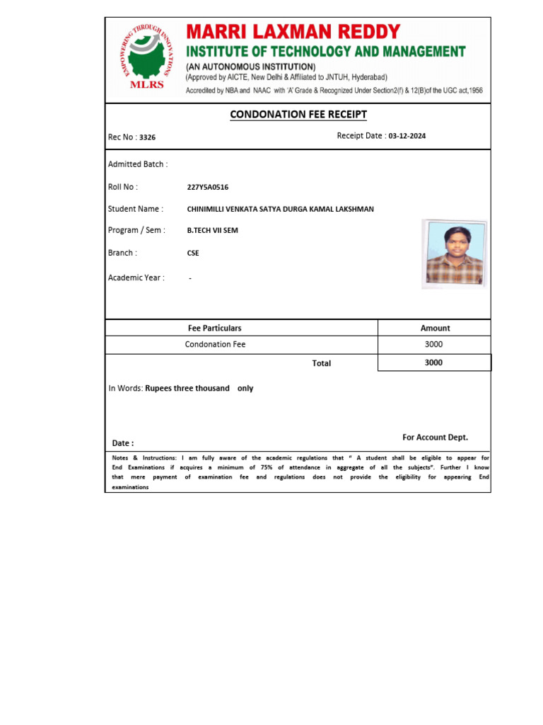 Condonation Fee Receipt for B.Tech | PDF