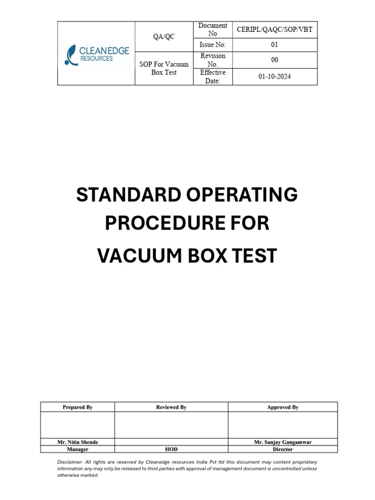 SOP For Vacuum Box Test | PDF | Leak | Welding