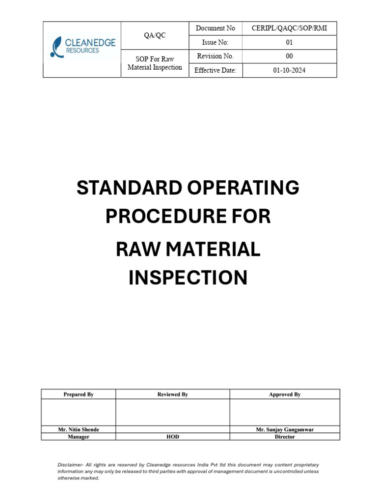 SOP For Raw Material Inspection | PDF | Specification (Technical ...