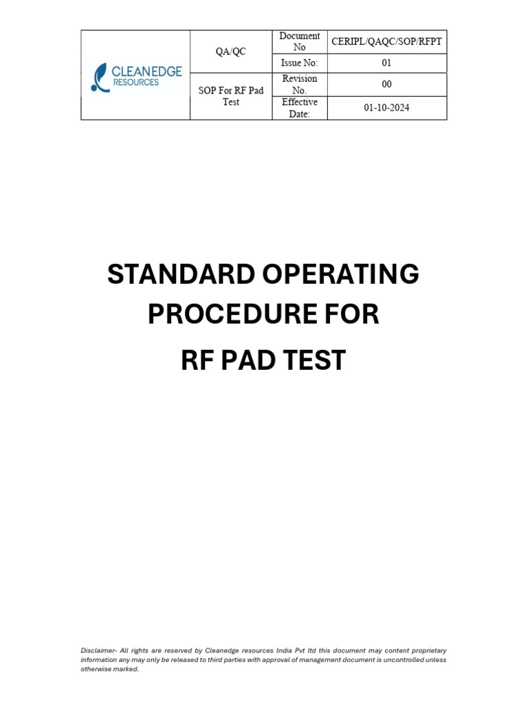 SOP For RF Pad Test | PDF | Leak | Nondestructive Testing
