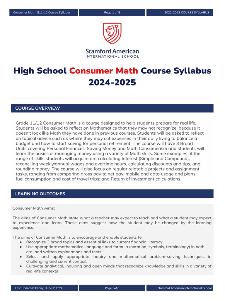 Consumer_Math_Course_Syllabus__2024-2025 (1) | PDF | Educational ...