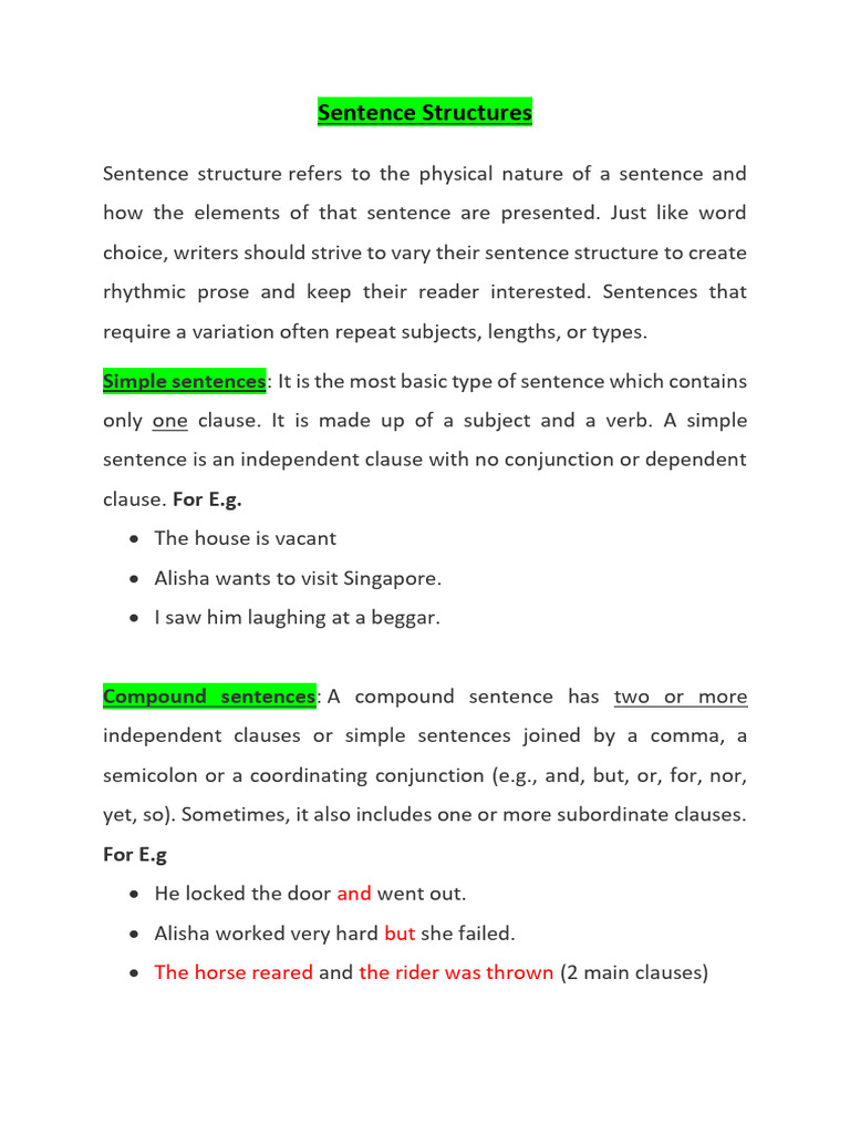 SENTENCE STRUCTURES - Notes & QA | PDF | Sentence (Linguistics ...