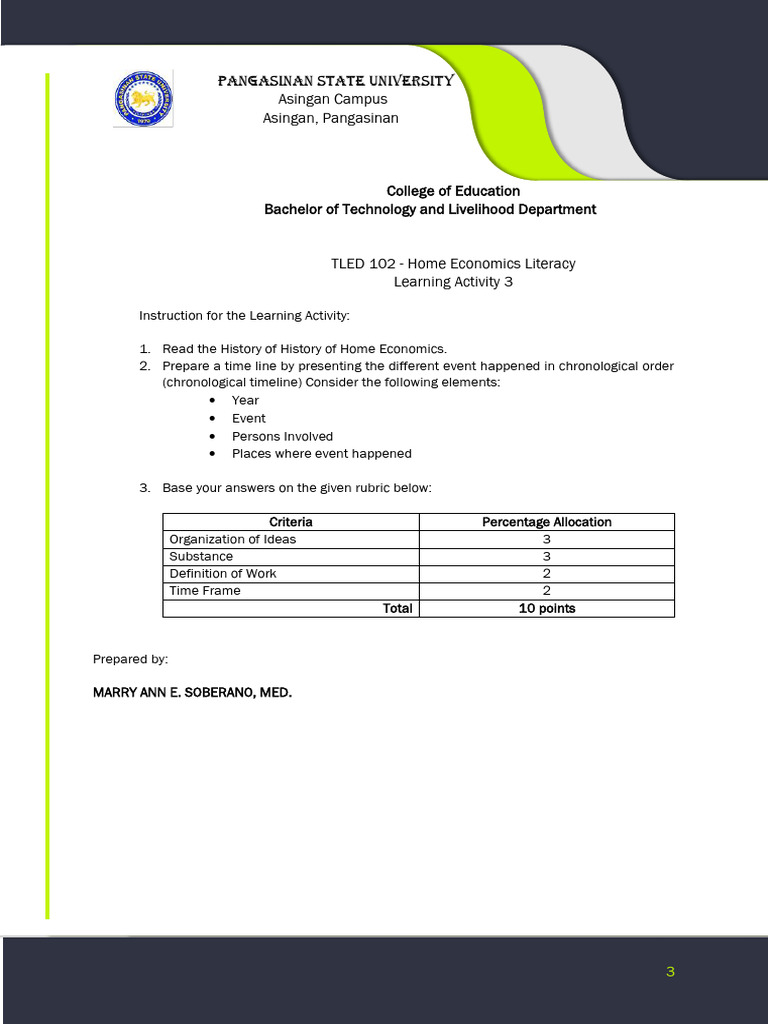 Home Economics Literacy Timeline Activity | PDF