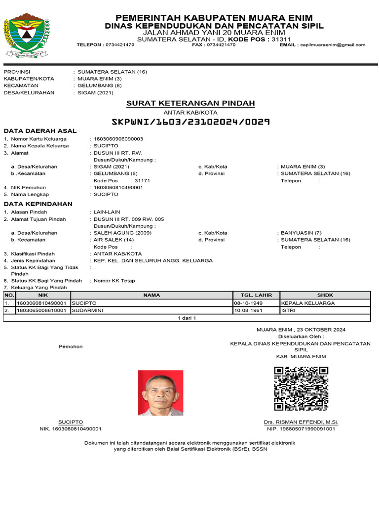 Surat Pindah Muara Enim ke Banyuasin | PDF