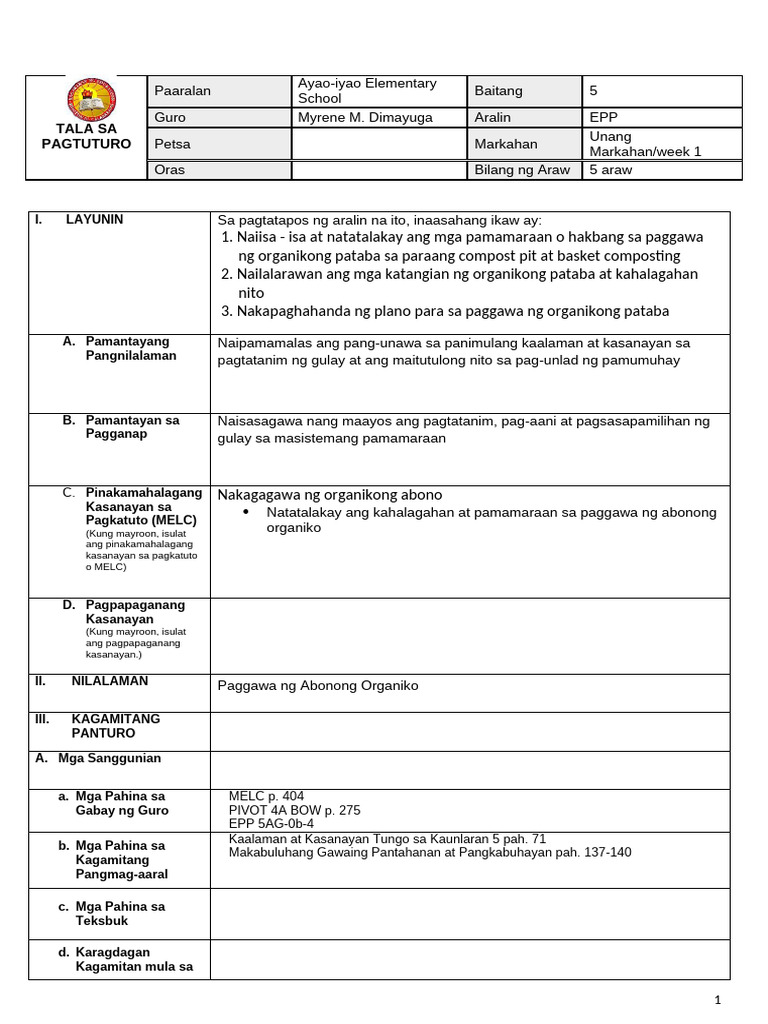 Sample IDEA Exemplars in EPP 5 WEEK 1 2 | PDF