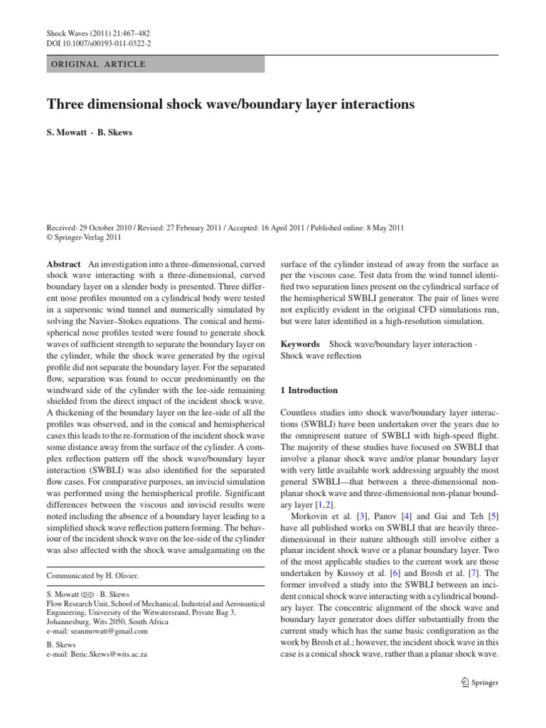 Three Dimensional Shock Wave-Boundary Layer Interactions | PDF | Boundary Layer | Wind Tunnel
