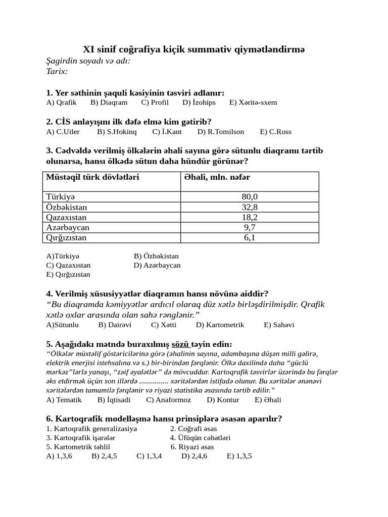 Coğrafiya XI Sinif KSQ-1 | PDF