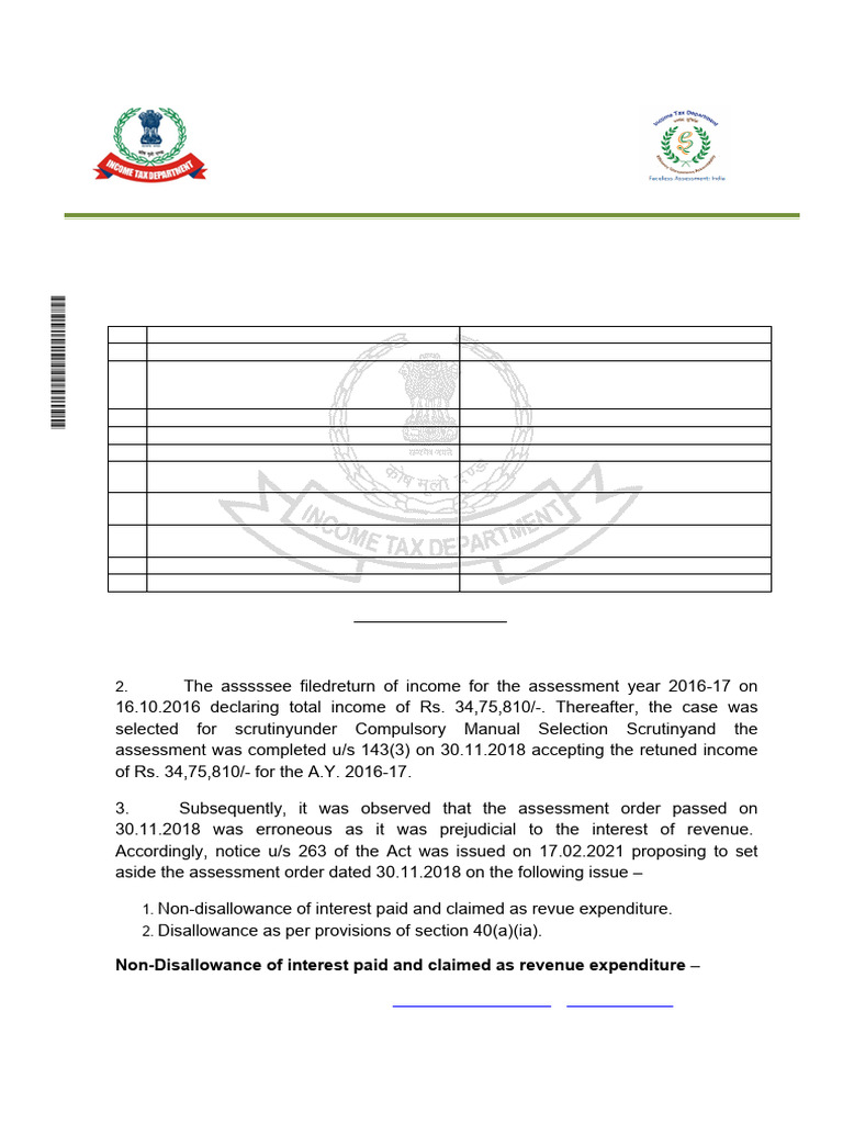 Income Tax Assessment Order 2016-17 | PDF | Tax Deduction | Taxes