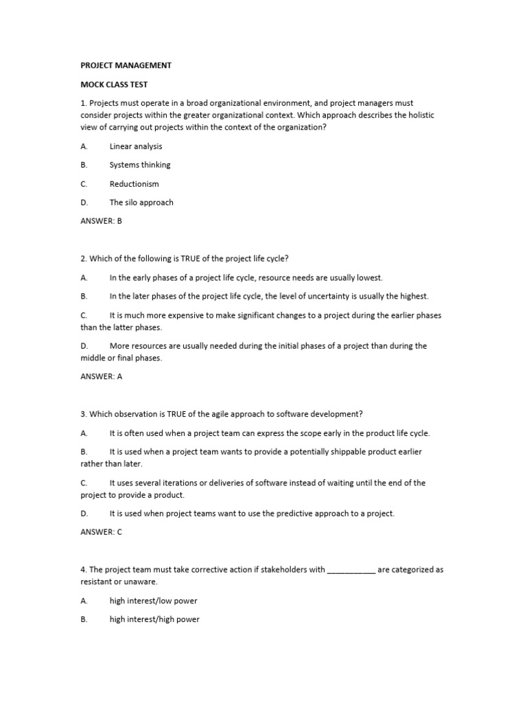 Project Management Mock Test | PDF | Project Management | Business