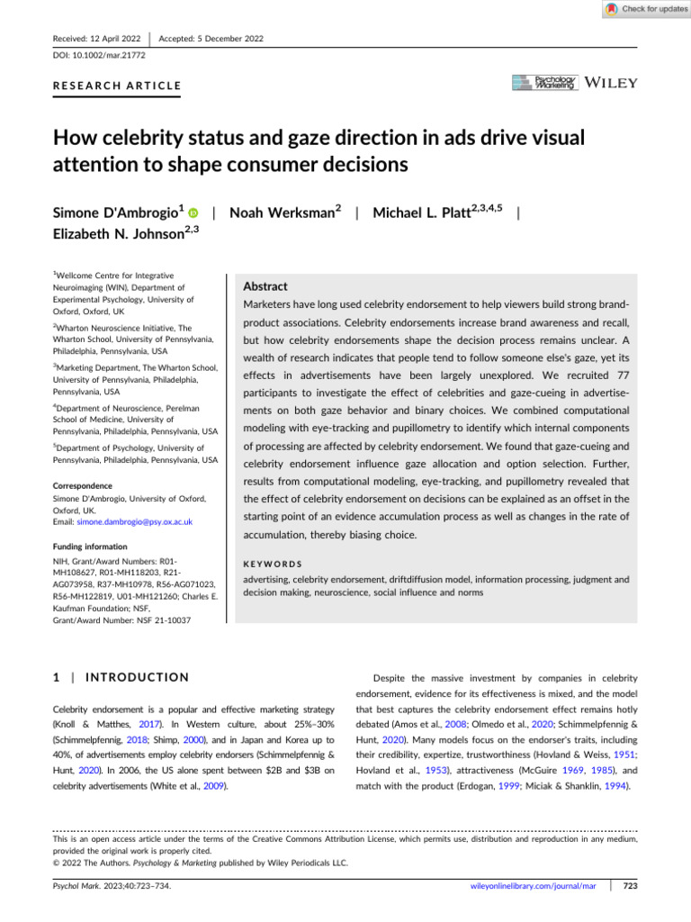 Psychology and Marketing - 2022 - D'Ambrogio - How celebrity status and gaze direction in ads ...