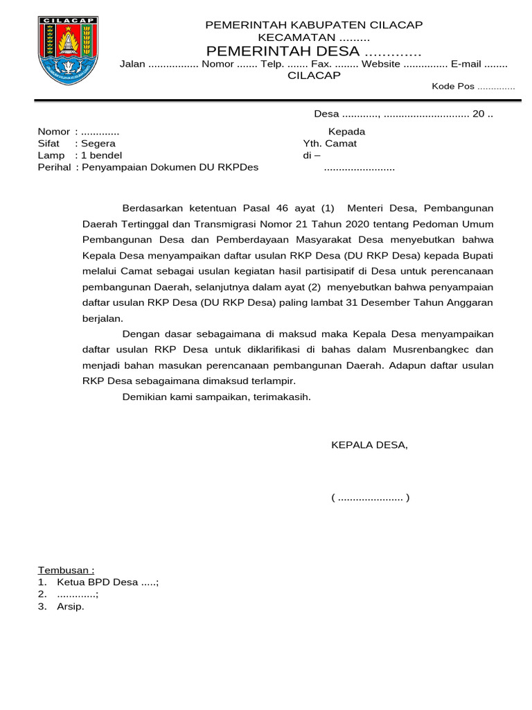 Surat Kades Penyampaian DU RKPDes | PDF