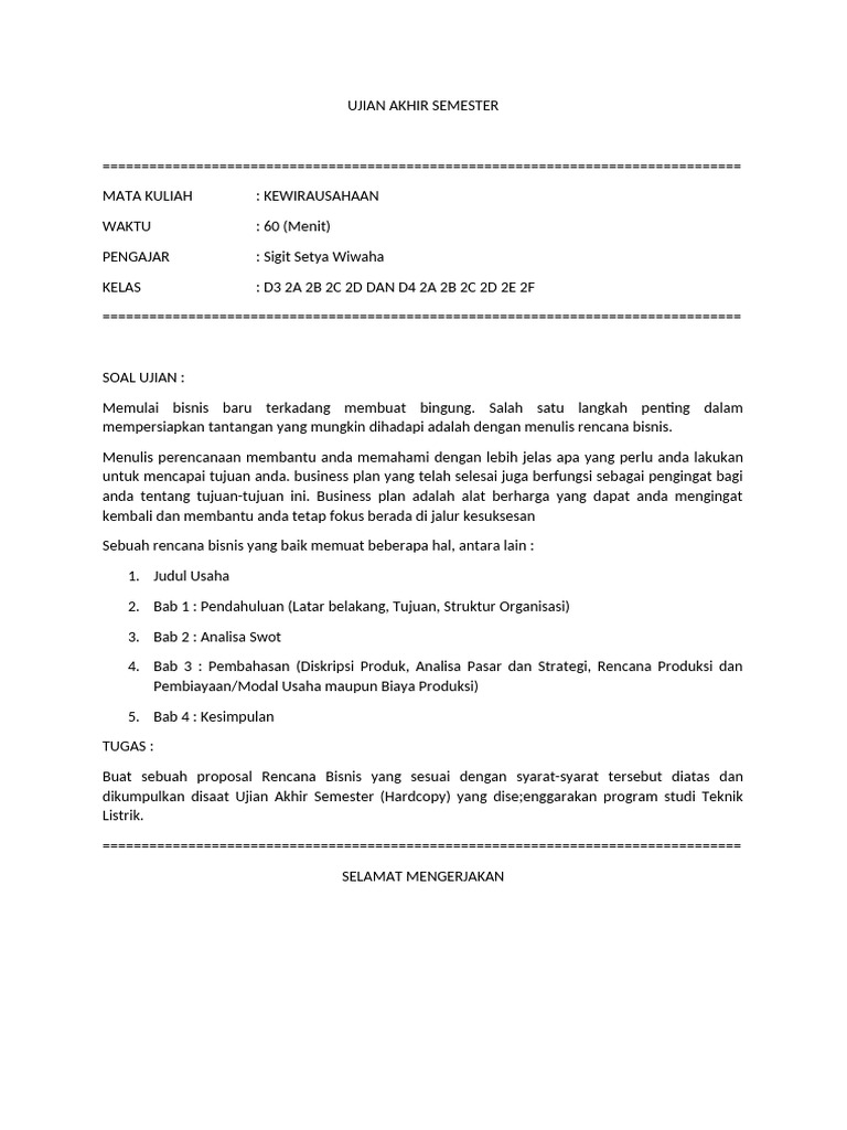 Soal Ujian UAS Kewirausahaan D4 2B 2C 2D 2E 2F | PDF
