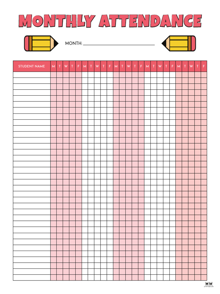 Printable Monthly School Attendance Sheet 8 | PDF