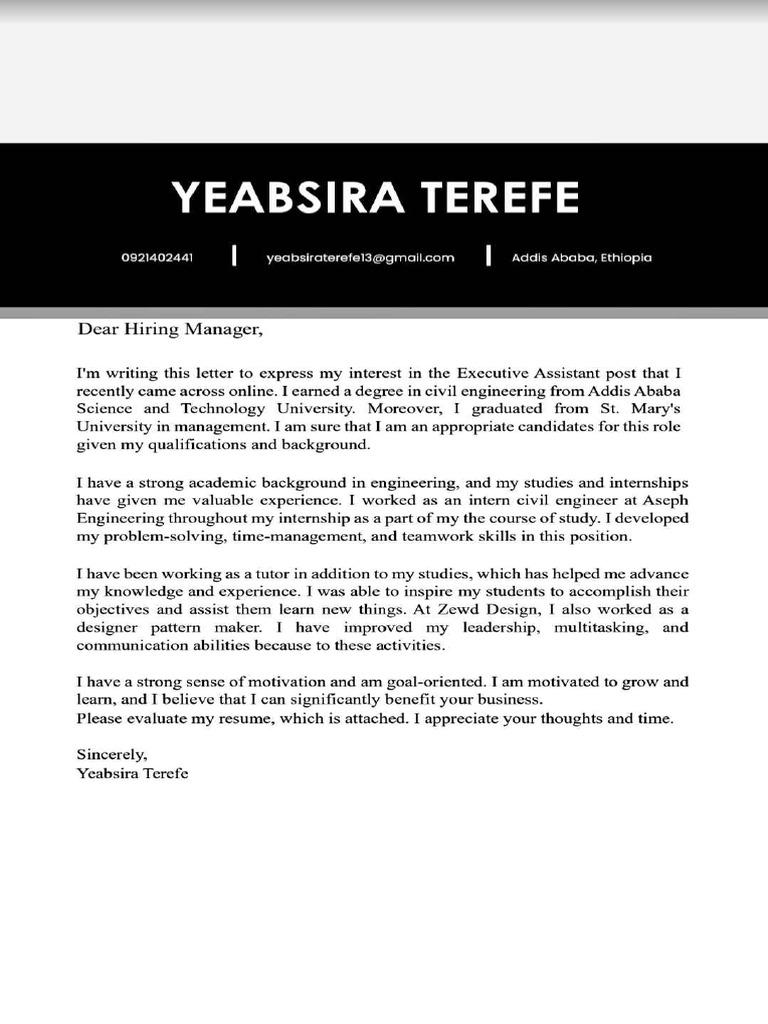Yeabsira Terefe Excutive Assistant | PDF