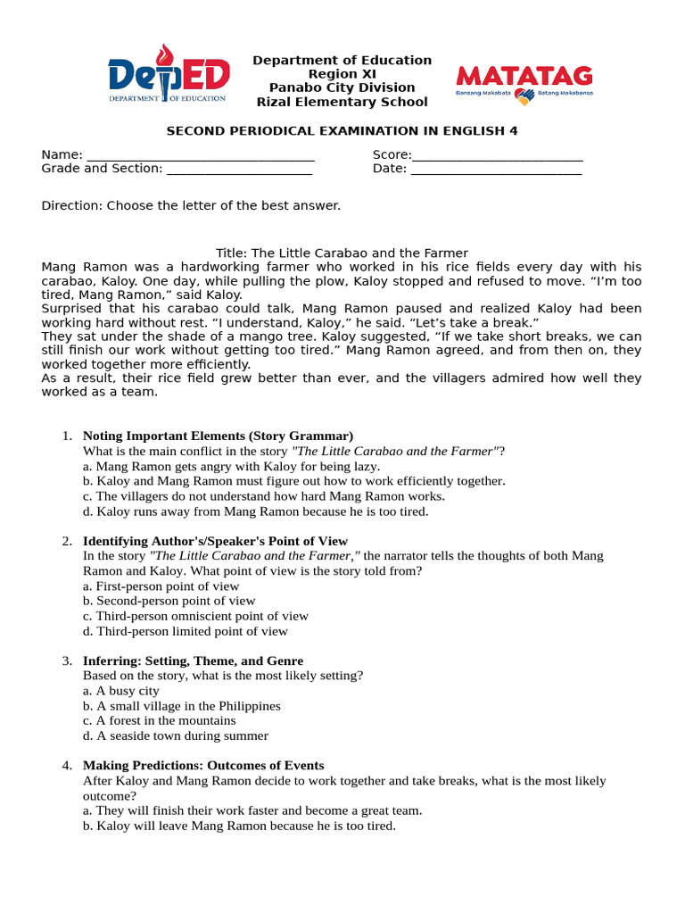 PT - G4 Matatag English 4 - Q2 | PDF | Gesture | Trees